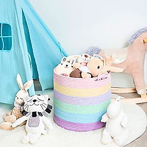 MINTWOOD Design 15 x 14.2 Inches Woven Cotton Rope Storage Basket, Stuffed Toy Basket Bin, Laundry Basket Hamper, Nursery Basket, Dog Toy Basket, Blanket Basket, Gift Basket, Pastel Rainbow