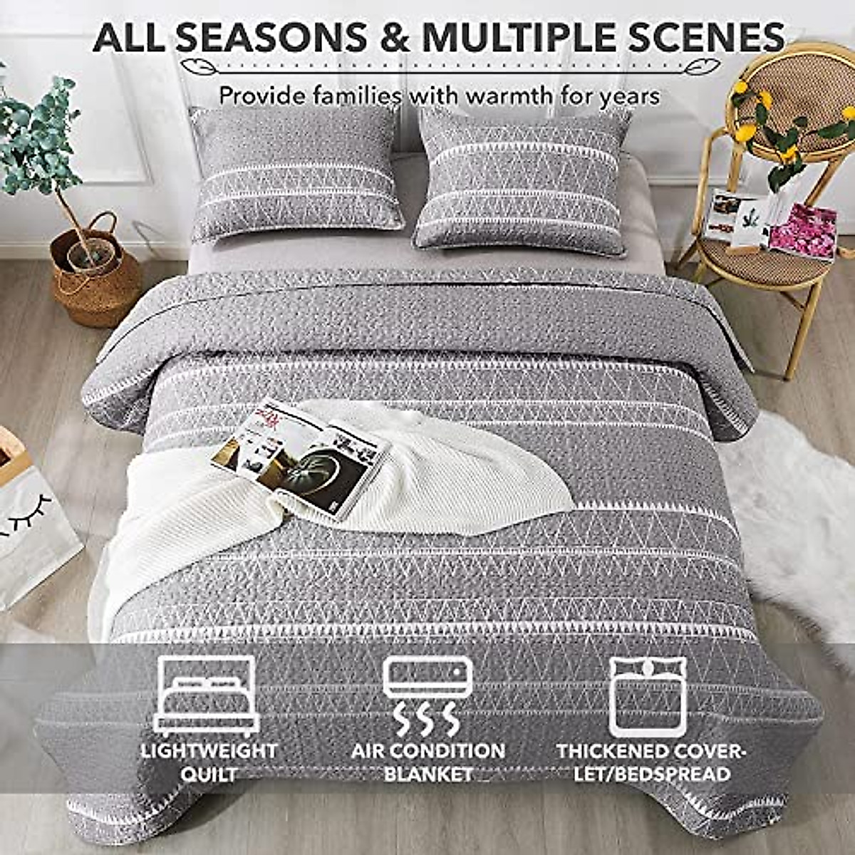 Andency Grey Quilt Set King (106x96 Inch), 3 Pieces(1 Striped Triangle Printed Quilt and 2 Pillowcases), Bohemian Summer Lightweight Reversible Microfiber Bedspread Coverlet Sets