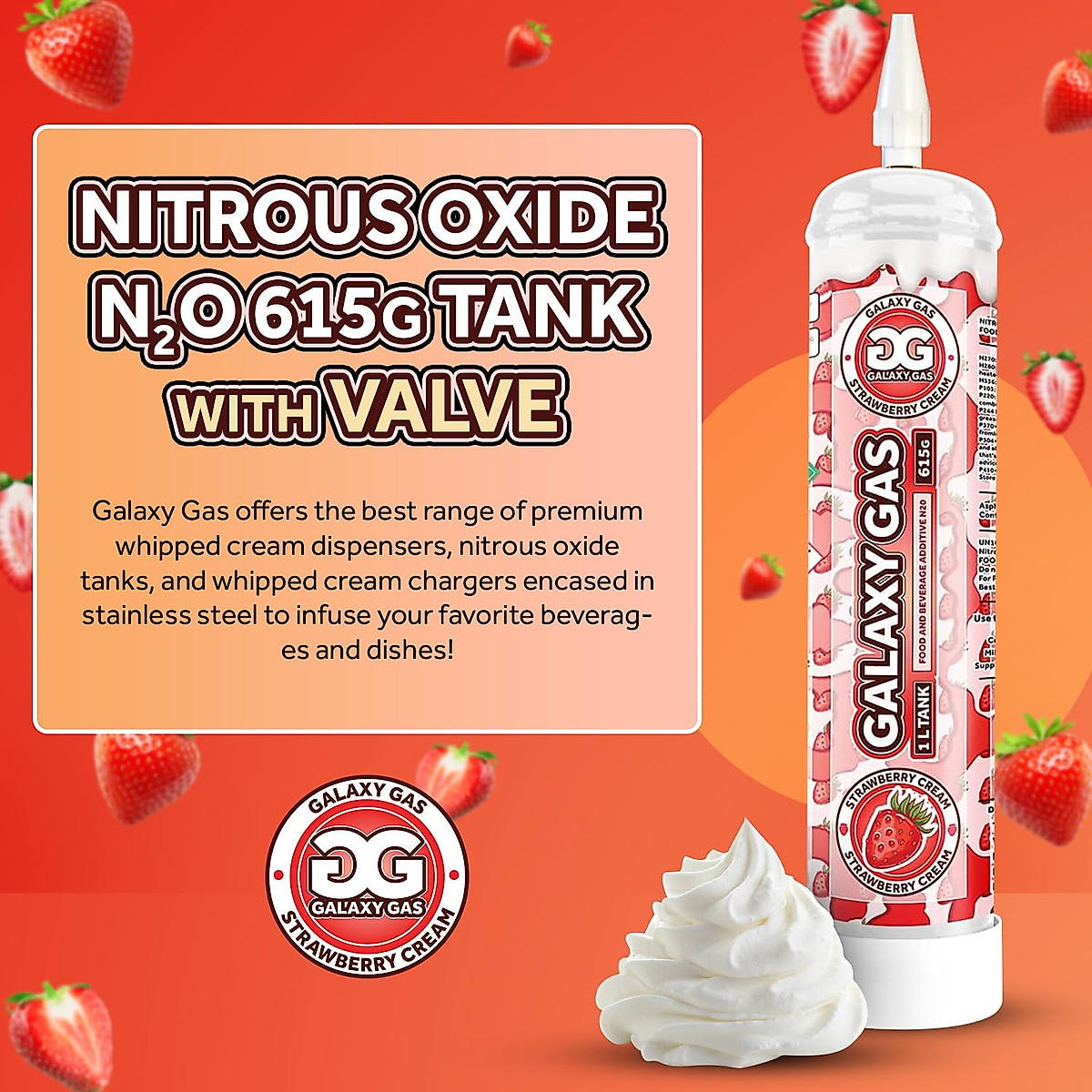 Galaxy Gas Strawberry Flavor Whipped Cream Dispenser Cartridge Tank, Nitrous Oxide 1L 615 Gram, Whipped Cream Tank, N2O Charger Tank, 1 Cylinders (GASun1070)