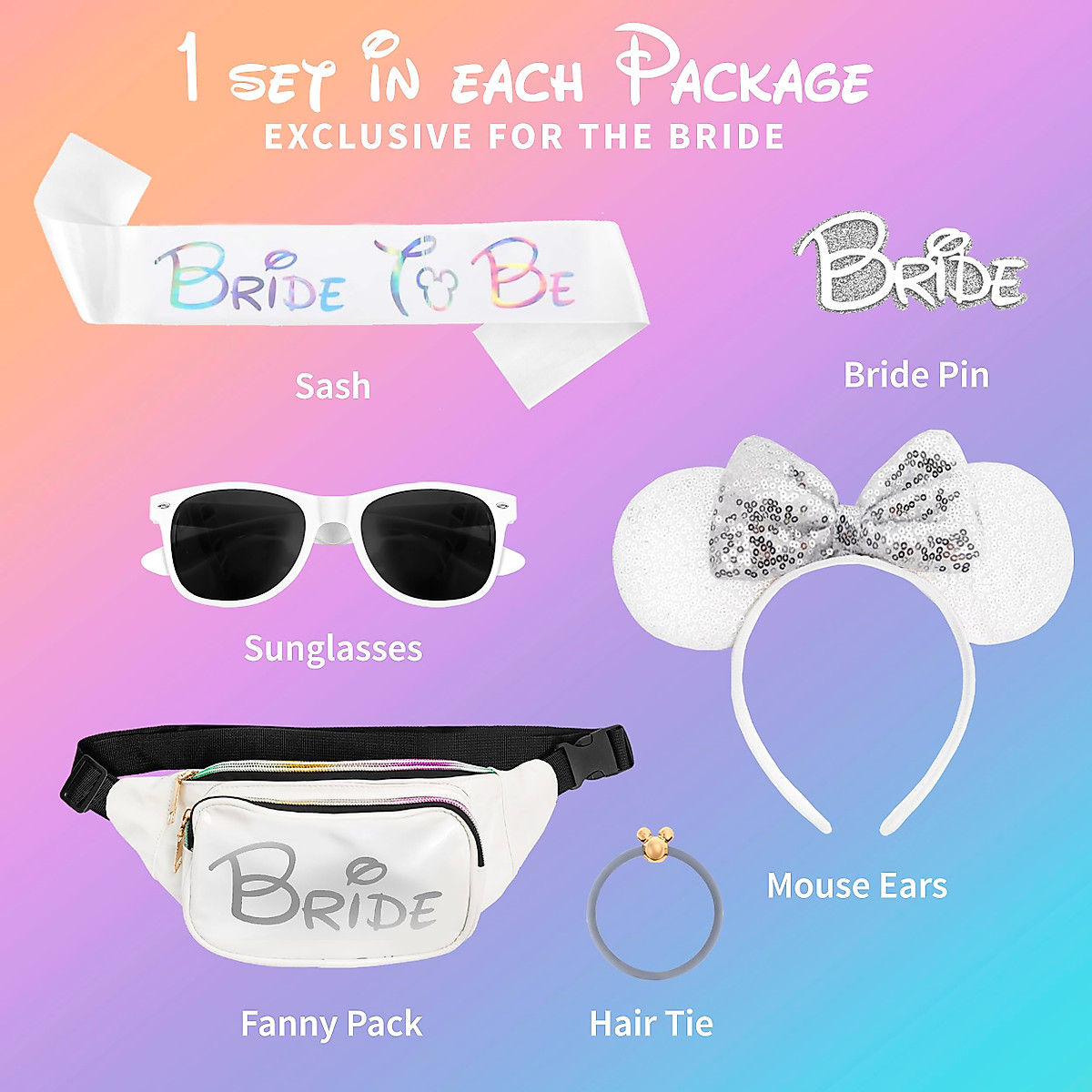 Chug Buddy Mouse Ears Set - Bride Accessories - Bachelorette Party Favors - Bride Bachelorette Outfit Accessories to Match Bachelorette Outfit for Bride - Magic Kingdom (Iridescent/White Bride, 1)