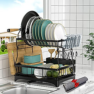 Vasysvi Dish Drying Rack with Drainboard for Kitchen Counter,2 Tier Dish Drainer Set with Utensils Holder，Large Capacity Stainless Steel Dish Racks Bonus with Drying Mat