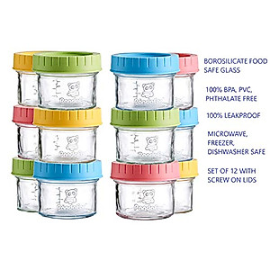 PandaEar (12 Pack) Glass Baby Food Storage Jars | 4 oz Reusable Small Containers Freezer Storage with Airtight Lids Leak Proof | Microwave & Dishwasher Safe | Infants Kids Babies