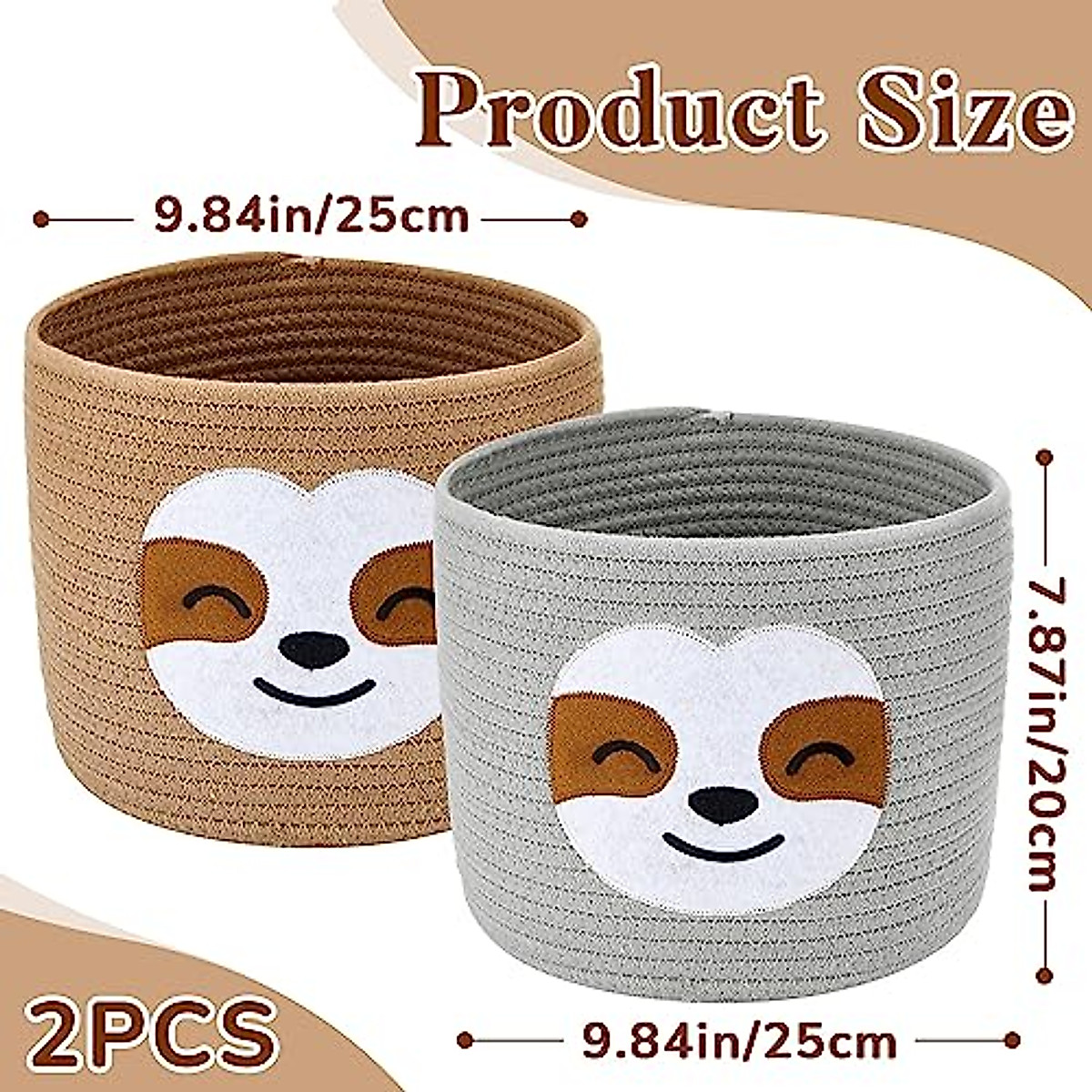 Kigeli 2 Pcs Sloth Small Woven Basket Storage Basket Sloth Basket Cotton Rope Baskets for Storage Baby Basket for Nursery Room Decor Diaper, Blankets, Toy Organizer