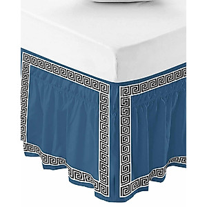 Chinese Bed Skirt Cal King Size 18 Inch Drop,Adjustable & Elastic Wrap Around Bed Skirts Pleated Luxury Dust Ruffles for Twin Full Queen Cal King Base Bed,Traditional Blue Black Geometric Tile Pattern