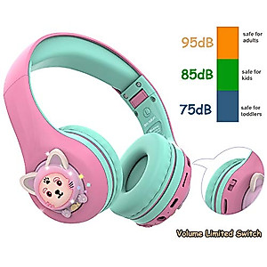 Riwbox Kids Headphones, CB-7S Cat Kids Toddler Headphones with LED Light, 75/85/95dB Volume Limited, Kids Bluetooth Headphones with Mic for School/Tablet/Girls (Pink)