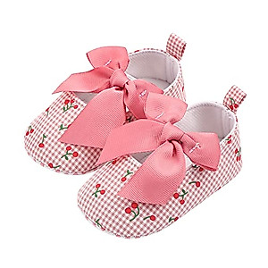 Lykmera Infant Toddler Girls Walking Shoes Sole Bow Plaid Fruit Print Toddler Shoes Walking Shoes Princess Shoes for Girls (Pink, 3-6Months)