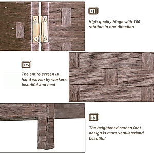 6-Panel Room Divider Folding Screen Wooden Partition, 6 ft. Tall Weave Fiber Extra Wide Foldable Panels Wall Divider Double Hinged Privacy Outdoor/indoor Divider for Home Office Dorm Decor - Brown