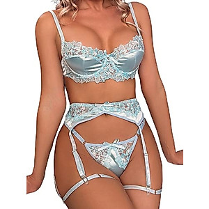 SOLY HUX Womens Sexy Lingeries Exotic Garter Belt Set Floral Lace Bra and Panty 4 Pieces Solid Blue S