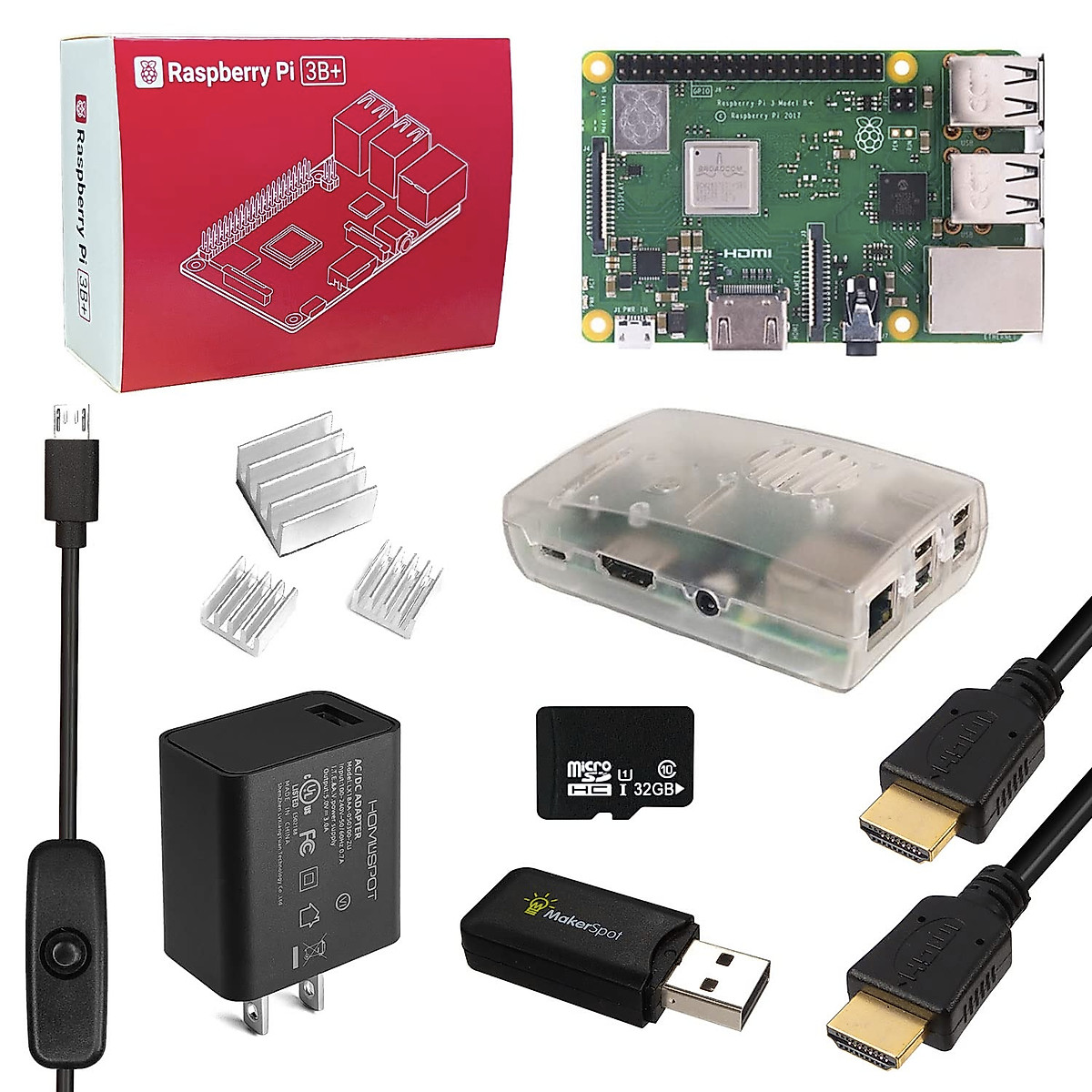 MakerSpot, Raspberry Pi 3 B+ Model B Plus Starter Kit by MakerSpot with 5v3a UL Listed Charger HDMI Cable Heat Sink & 32GB MicroSD Card