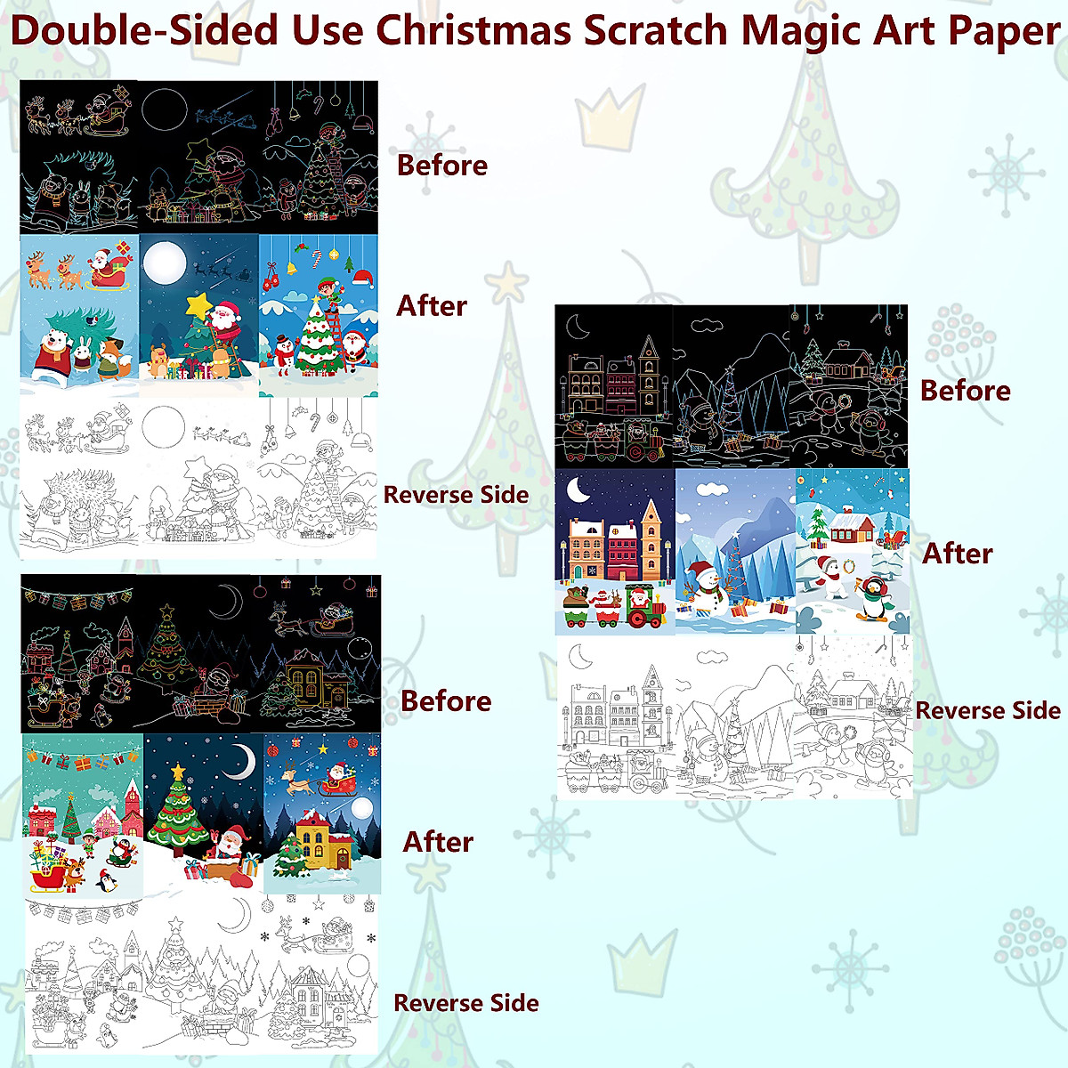 OPUHOHR Christmas Scratch Paper Art Set, Rainbow Scratch Off Notebooks Arts Crafts Supplies Set, Christmas Tree Snowman Scratch Paper Card for Kids DIY Christmas Gift Birthday Card