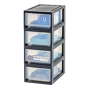 IRIS USA 6 Quart Compact Stacking Storage Drawer, Plastic Drawer Organizer with Clear Doors for Undersink, Kitchen, Pantry, Desk, and Home De-Clutter, Store Shoes and Craft Supplies, 4-Pack, Black