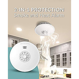 Ecoey Fire Alarms Smoke Detectors, 10-Year Smoke and Heat Detector with Built-in Battery for Home Bedroom, Smoke Detector and Heat Alarm with Easy Install and Test Button, FJ192, 2 Packs