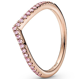 Pandora Sparkling Wishbone Ring - Stackable Rose Gold Ring for Women - 14k Rose Gold-Plated Shine with Pink Cubic Zirconia - Size 6