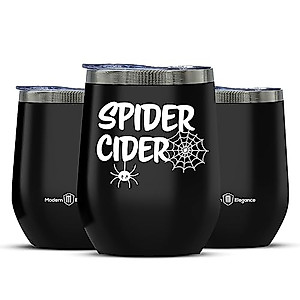 Halloween Tumbler Stemless Wine Glass – 12Oz Wine Tumbler with Straw - Cute Spider Insulated Steel Tumblers Halloween Cup - Reusable Halloween Mugs (Modern/Black - Spider Cider)