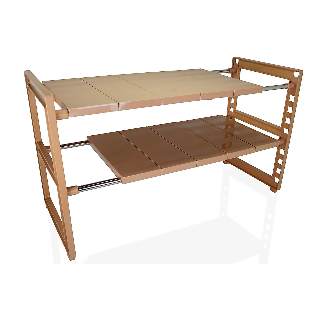 Katai - 2 Tier Under Sink Adjustable Shelf Organizer Rack in Coffee - Expandable from 15 inch to 26 inch (40cm - 70cm) with 10 Removable Shelves - Complete with Waterproof Anti-Slip Mat