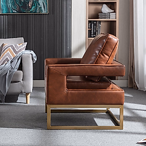 LukeAlon PU Leather Accent Club Chair, Upholstered Armchair with Gold Legs Modern Single Sofa Chair Comfy Reading Chair for Living Room, Brown