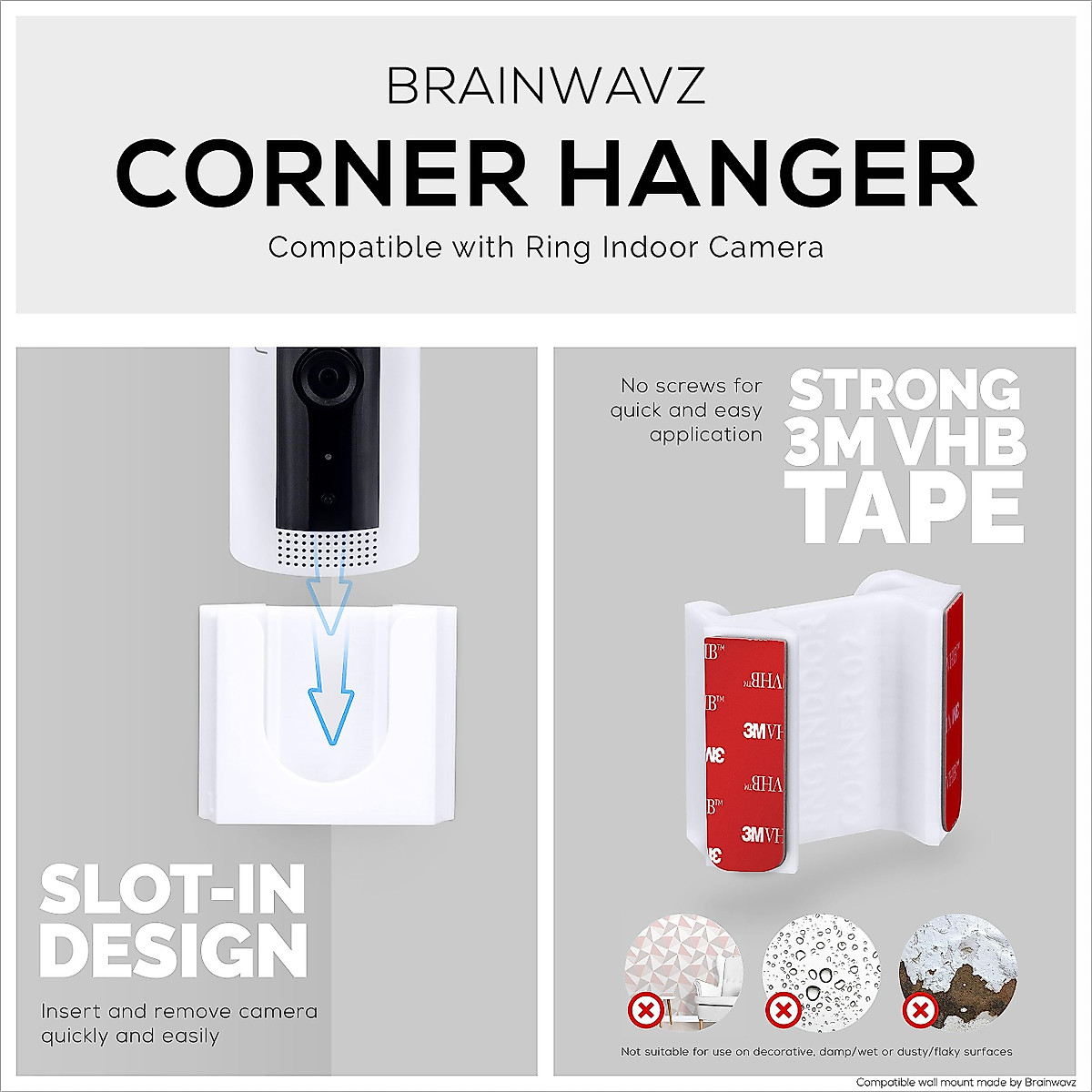 Corner Wall Mount for Ring Indoor (2 Pack) Security Camera - Adhesive Holder, No Hassle Bracket, Strong 3M VHB Tape, No Screws, No Mess Install (White) by Brainwavz