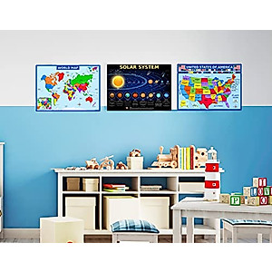 World Map, United States Map, and Solar System Poster with Extra Features – Laminated 14x19.5 in – Educational Posters, Classroom Decorations, Teachers Supplies, Virtual Learning for Kids, Homeschool Decor