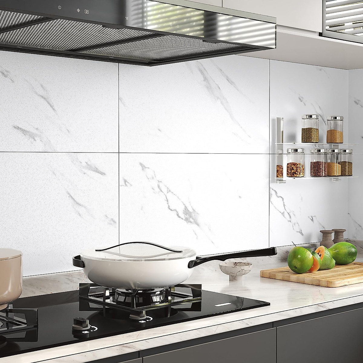 FunStick 12"x24" 15 Pcs White Peel and Stick Floor Tile Marble Vinyl Flooring for Bathroom Floor Tiles Peel and Stick Wall Tiles Waterproof Grey Stick on Flooring Sticky Tiles for Kitchen RV Flooring