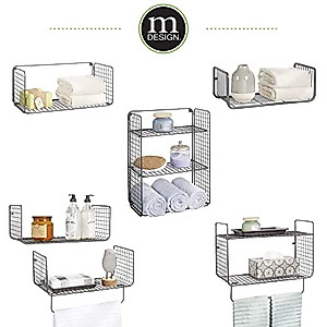 mDesign Steel Wall Mount Towel Rack Storage Organizer Shelf Holder with Towel Bar - for Bathroom, Laundry Room, Kitchen, Garage - Holds Hand Towels, Washcloth - Concerto Collection - Graphite Gray