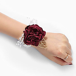 CASDRE Bridal Wrist Corsage Pearl Bride Wedding Hand Flower Corsage Wristlet Wedding Accessories for Women and Girls (Red)