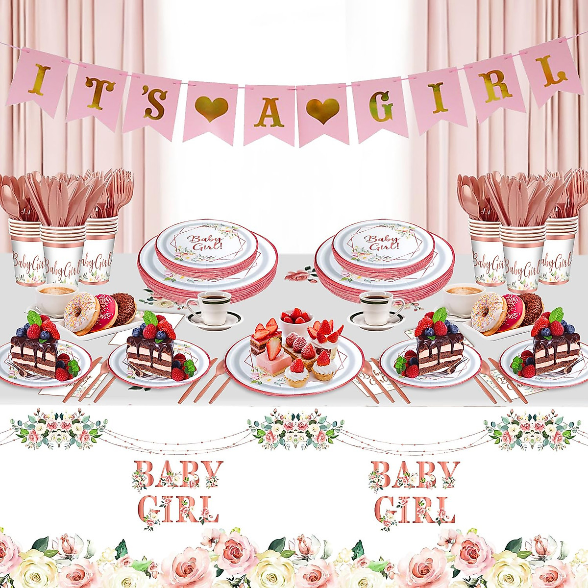 Baby Shower Decorations for Girl, 247PCS Floral Girl Baby Shower Decorations Party Supplies with Background, Disposable Tableware (24 Guests), "It's A Girl" Banner, Butterfly Balloon Kit &Tablecloth