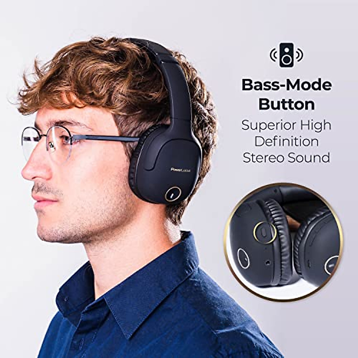 PowerLocus Bluetooth Headphones Over Ear, [Bass-Mode Button] Wireless Headphones, Foldable Hi-Fi Stereo, Soft Memory Foam Earmuffs, Metal Extendable Sides, Headset with Microphone for Phone/PC/TV