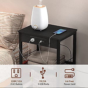 NORCEESAN Nightstand with Charging Station End Table with USB Ports and Power Outlets Side Tables Bedroom with Storage Shelves Industrial End Table 3 Tier (Black)