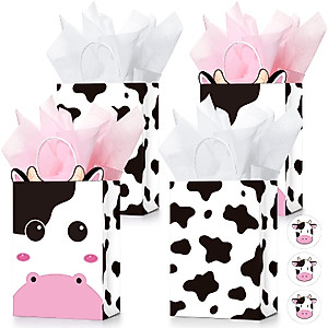 Nezyo 16 Set Cow Party Favors Bag with Tissue Paper and Stickers, Cow Print Gifts Bags with Handles, Farm Themed Goodie Treat Candy Kraft Paper Bags for Kids Cow Farm Animals Birthday Party Supplies