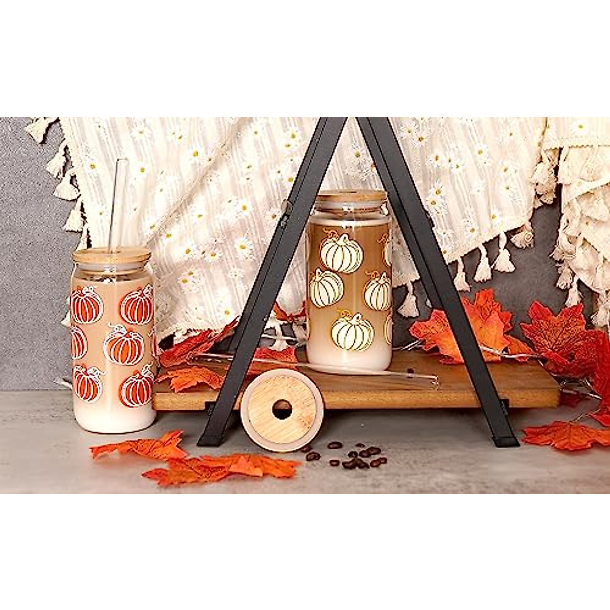 Fall Coffee Mug - Unique Autumn Decor & Iced Coffee Cup Fall Decor Pumpkin Mug with Pumpkin Decorations Thanksgiving Fall Wedding Tumbler Can Shaped Fall Cups with Bamboo Lid Glass Straw - 18oz