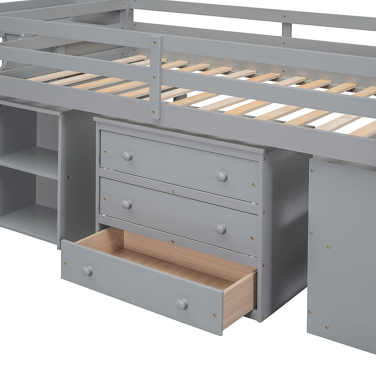 Loft Bed and 3 Drawers, Wooden Loft Bed with Storage Stairs and Shelves, Gray