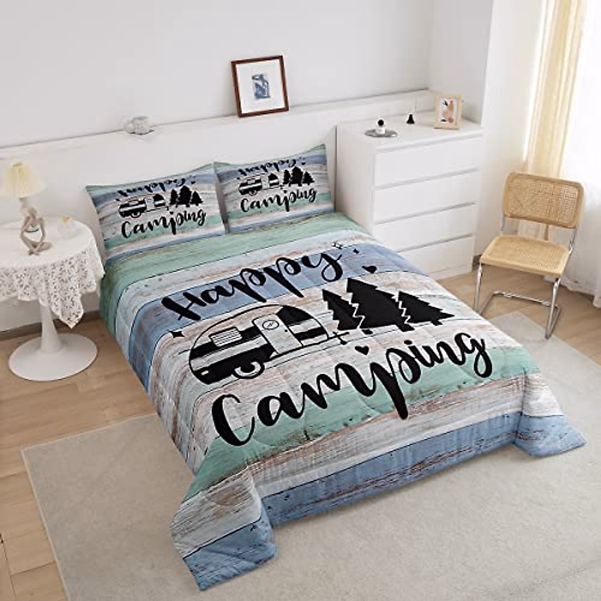 Castle Fairy Camper Comforter Queen,Happy Camping Comforter Set Microfiber RV Inside Decor Duvet Bedding,Camper Accessories for Travel Trailers,Camper Must Haves 2023