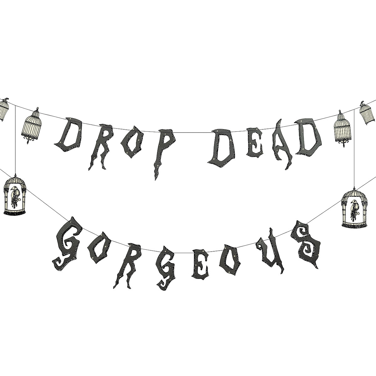 Cheerland Glitter Black Drop Dead Gorgeous Halloween Crow Cage Theme Banner for Gothic Halloween Hanging Decorations Raven Bird and Cage Garland for Horror Birthday Bridal Shower Party Supplies