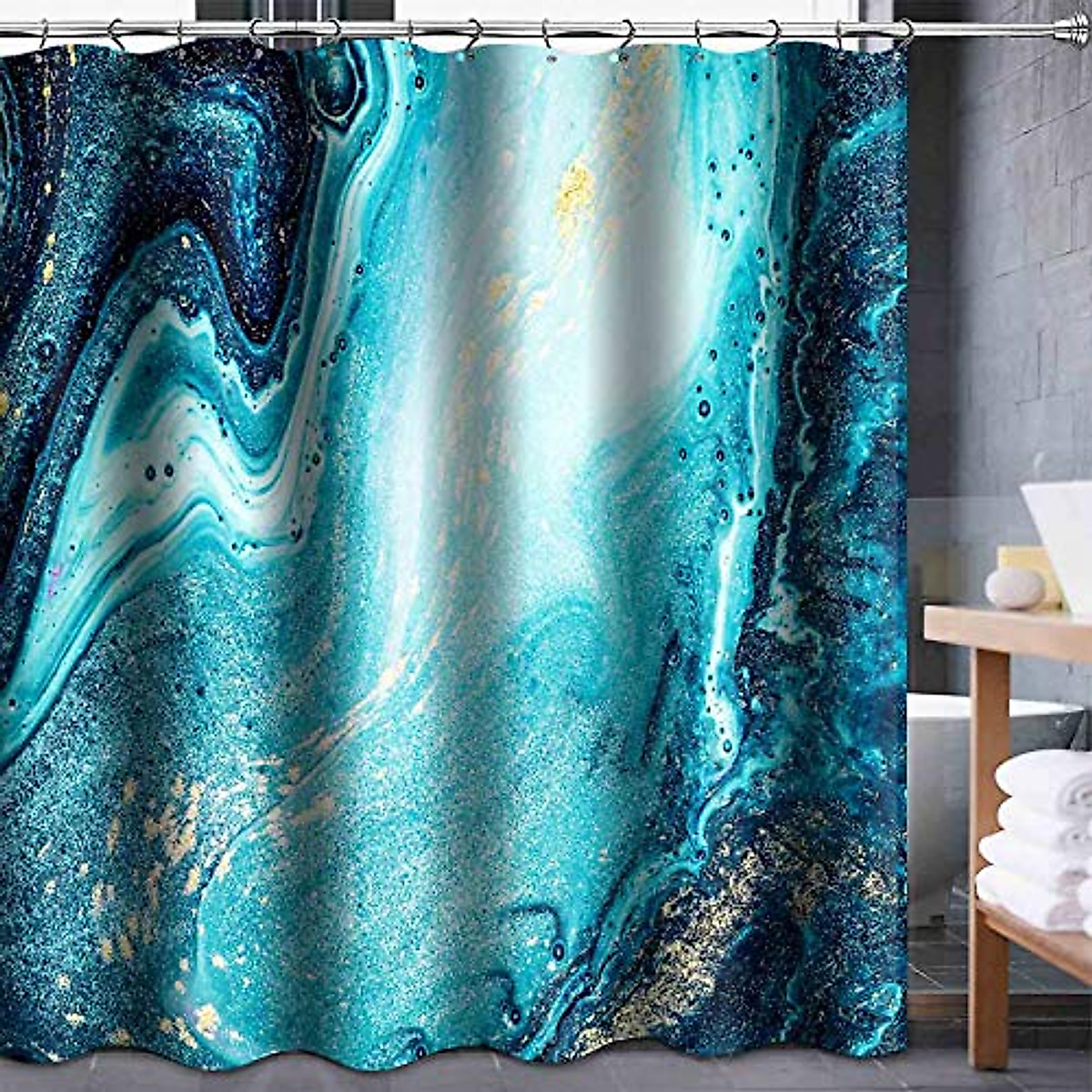 Lnond 4 Piece Blue Marble Shower Curtain Set, Abstract Modern Luxury Gold Bathroom Set, Texture Teal Spiral Bathroom Decor Set with Shower Curtain,Non-Slip Bath Rugs and Bathroom Mat Accessories