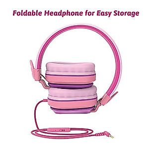 Riwbox Kids Headphones for School with Mic, CS6 Folding Stereo Headphones Over Ear Wired Headset Sharing Function with Mic and Volume Control Compatible for iPad/iPhone/PC/Kindle/Tablet (Pink&Purple)