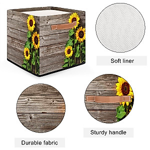 KOBLEN Sunflower Wooden Print Square Storage Basket Collapsible Storage Box Clothes Basket 13x13 Inch Large Cube Storage Bin With PU Leather Handle for Home Office Closet Shelves