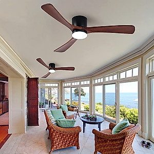 HUMHOLD 52" Wood Ceiling Fan with Lights Remote, Reversible DC Motor 6-Speed Ceiling Fan, 3 Blades Low Profile Flush Mount Ceiling Fans, Modern Ceilingfans for Low Profile, Walnut and Matte Black