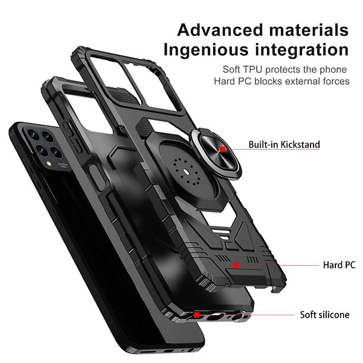 Galaxy Wireless for T-Mobile REVVL 6 Pro 5G Case w/Tempered Glass Screen Protector [Military Grade] Ring Car Mount Kickstand Shockproof Hard Phone Case - Black