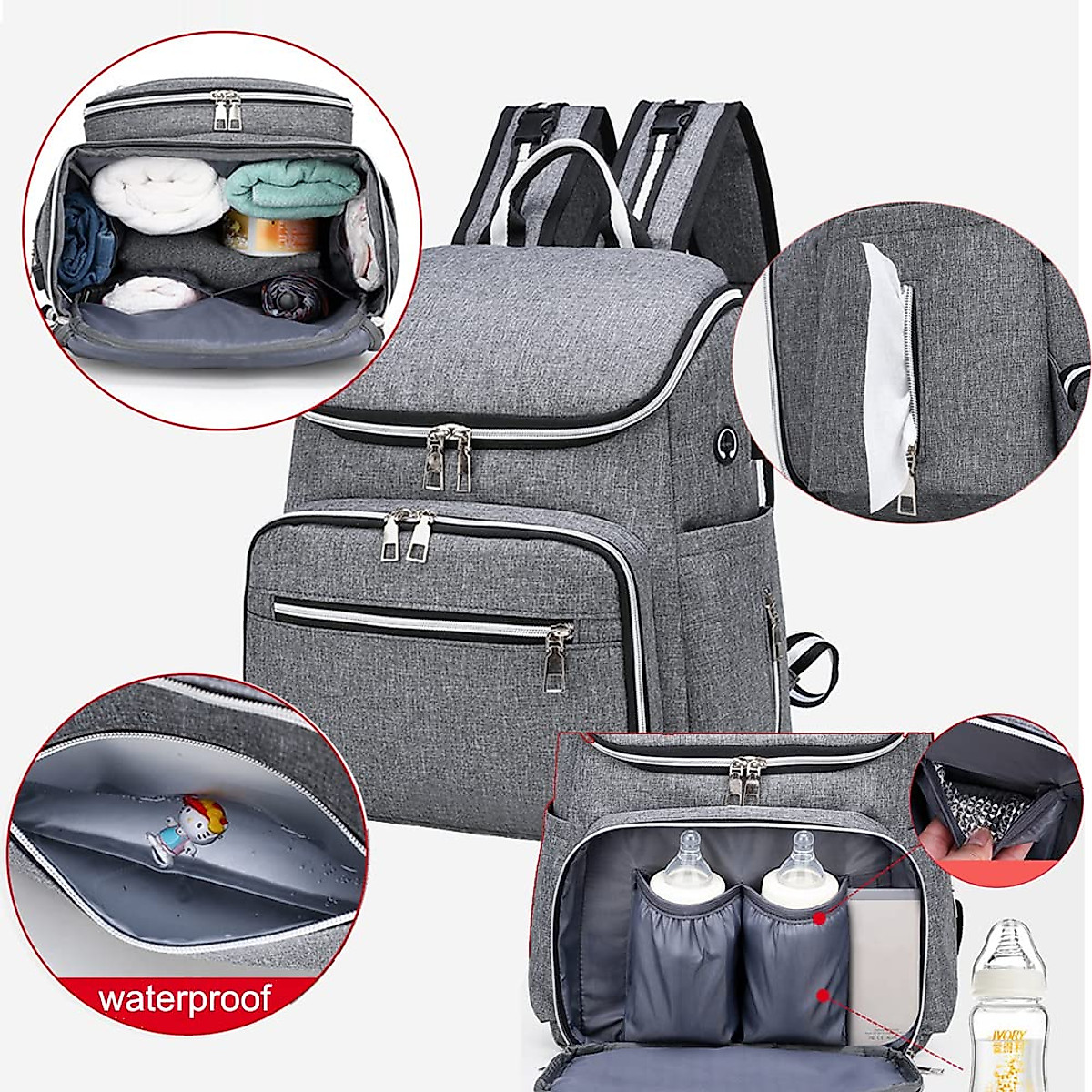 GUANGCAIJIA diaper bag waterproof backpack for cute baby boy girl with changing pad unisex stroller mommy hospital essentials (grey)