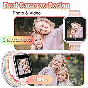 PTHTECHUS Kids Game Smart Watch for Boys and Girls,Smartwatch with 24 Puzzle Games Nylon Strap Dual Cameras Touch Screen Music Player Pedometer Multi-Function for 4-12 Years Children Gifts-Pink