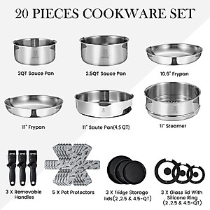 ROYDX 3-Ply Pots and Pans Set, 18/10 Stainless Steel Kitchen Removable Handle Cookware Set,PFOA Free, for All Stoves, Suitable for Home, RV, Boat, Camping, Space Saving Induction Oven Safe