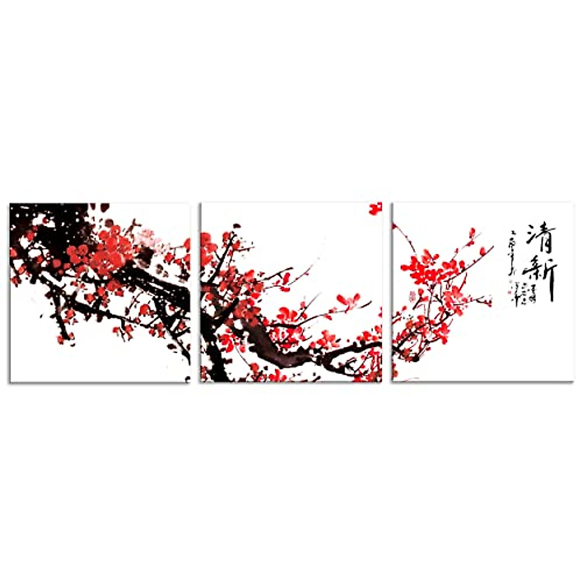 NAN Wind Small Size Traditional Chinese Painting of Red Plum Blossom Canvas Prints 3 Pcs Calligraphy Art Paintings Wall Art Poem Print Painting Framed 12x12inches 3pcs/set