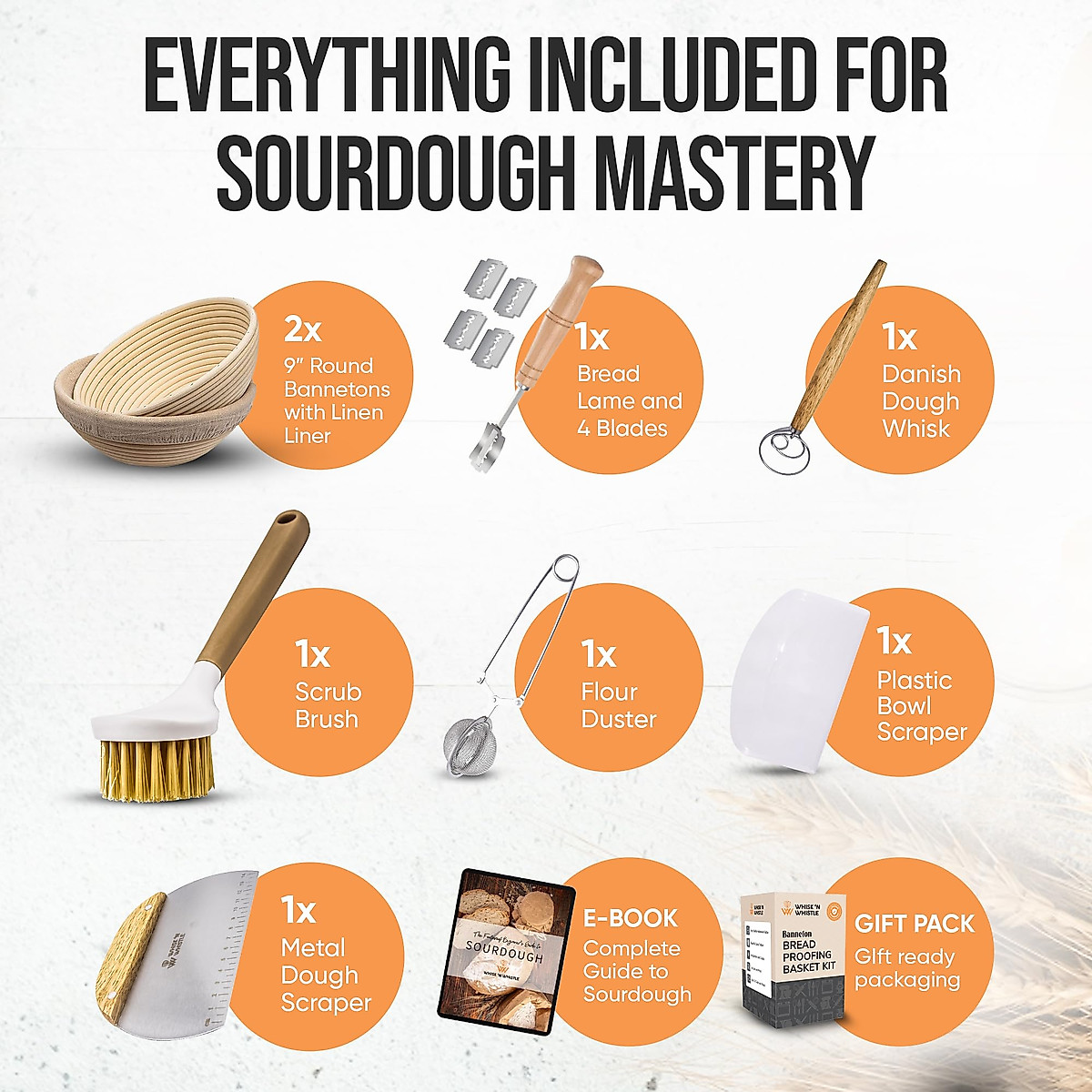 Banneton Bread Proofing Basket Set - 2x Round 9 inch Baskets Sourdough Bread Baking Supplies Sour Dough Scoring Tool - Proofing Bowls for Sourdough Bread Making Tools