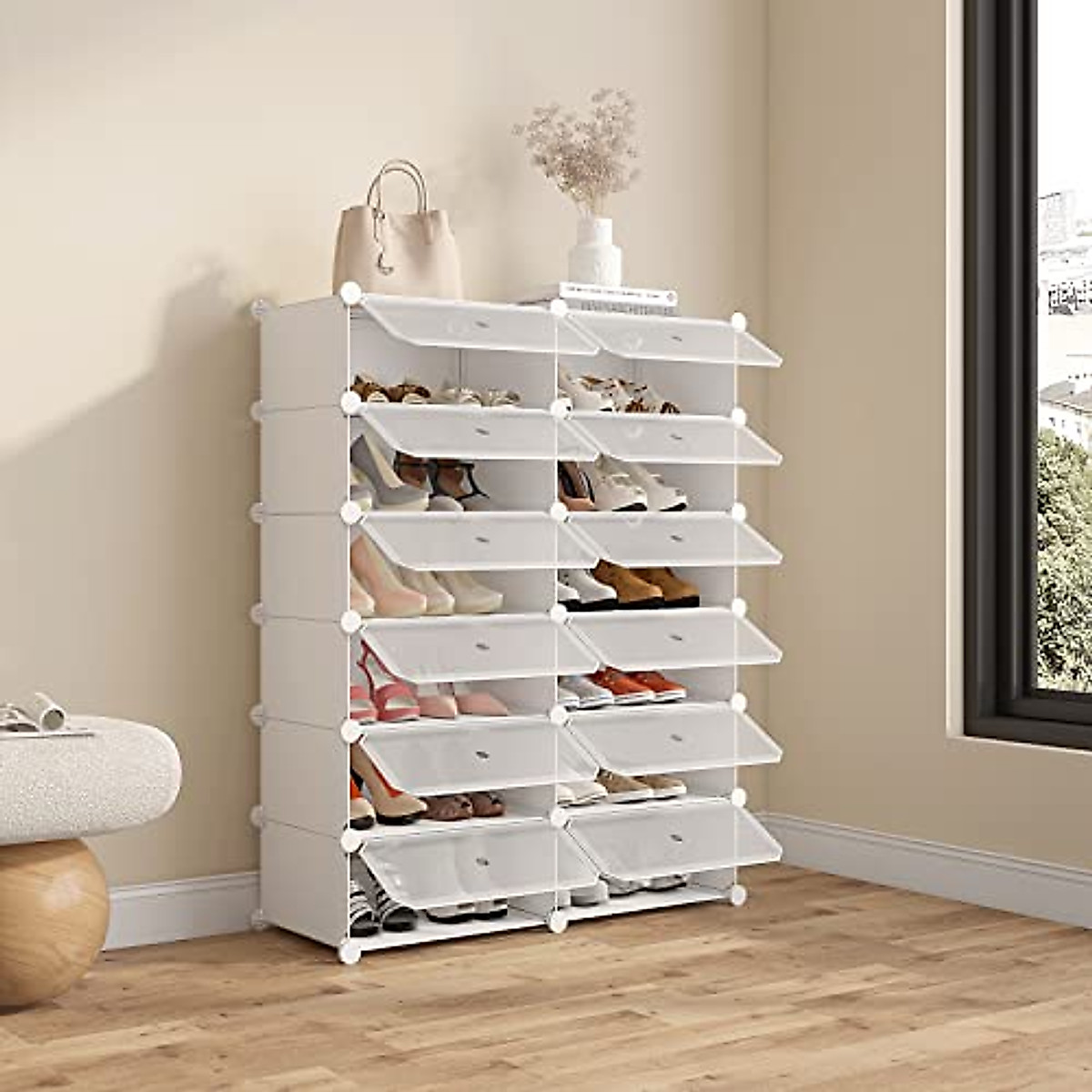 UNZIPE Shoe Rack Cabinet, 8-Tier Shoe Storage Organizer with Doors for Entryway, 16 Pair Plastic Shoe Shelves with Covered DIY Freestanding Shoe Tower for Closet Bedroom Hallway Mudroom Garage, White