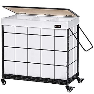 Laundry Hamper with Heavy Duty Caster Wheels; 3 Sections Clothes Hamper with Lid; 132L Laundry Basket with Removable Liner Bag; Laundry Sorter with Metal Handle (White)