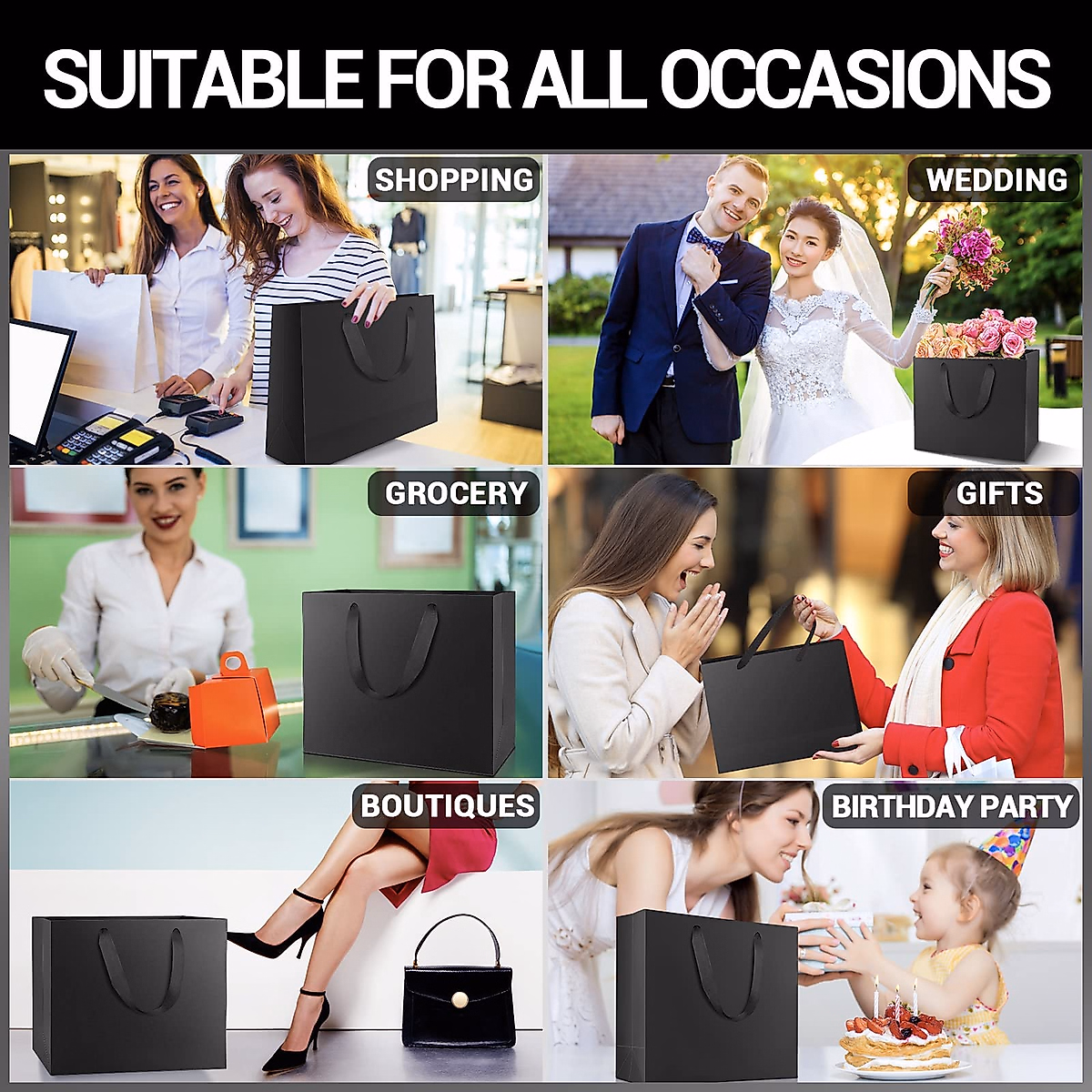 EUSOAR Gift Wrap Bags Bulk, 30pcs Black Heavy Duty Reusable Craft Handle Kraft Bags with 3 sizes, Recyclable Shopping Bags for Boutique, Grocery, Retail, Business, Party Favor, Birthdays