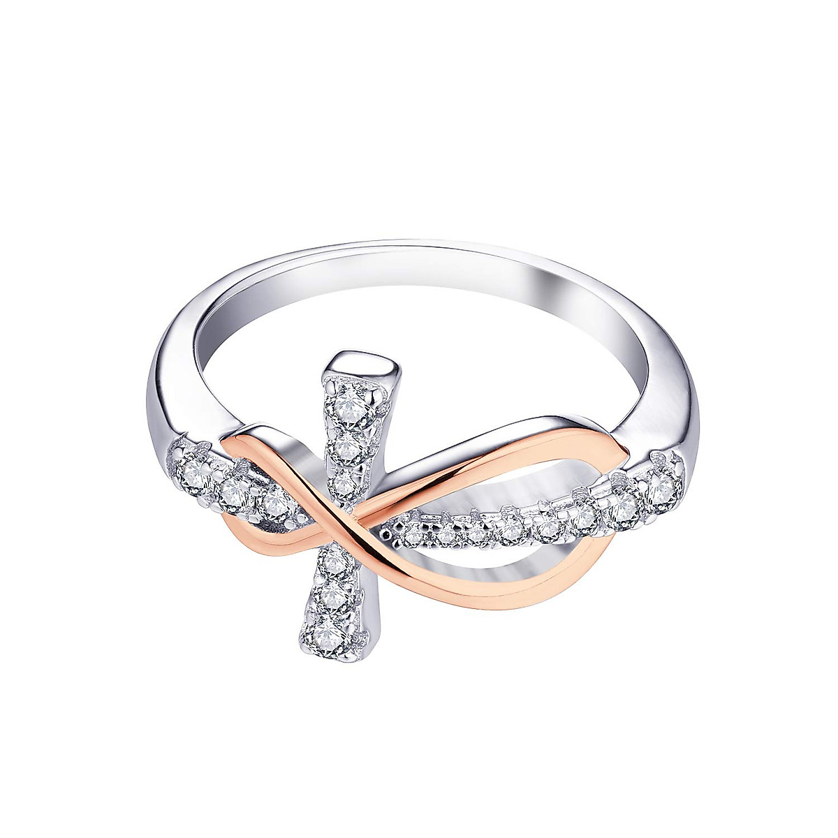JO WISDOM 925 Sterling Silver Cubic Zirconia Cross Infinity Ring,Rose Gold Women's Infinity Wedding Engagement Statement Rings