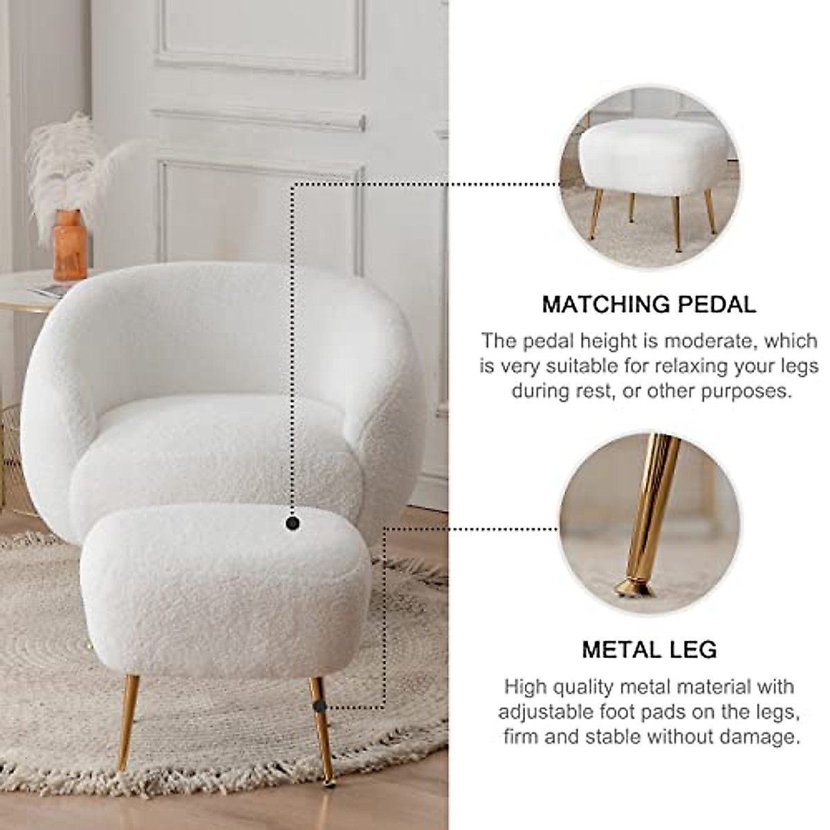 Kiztir Sherpa Accent Chair, White Accent Chair with Ottoman/Gold Legs, Modern Accent Chair for Living Room, Bedroom or Reception Room
