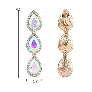 EleQueen Women's Gold-tone Austrian Crystal Teardrop Pear Shape 2.4 Inch Long Clip-on Dangle Earrings Iridescent AB