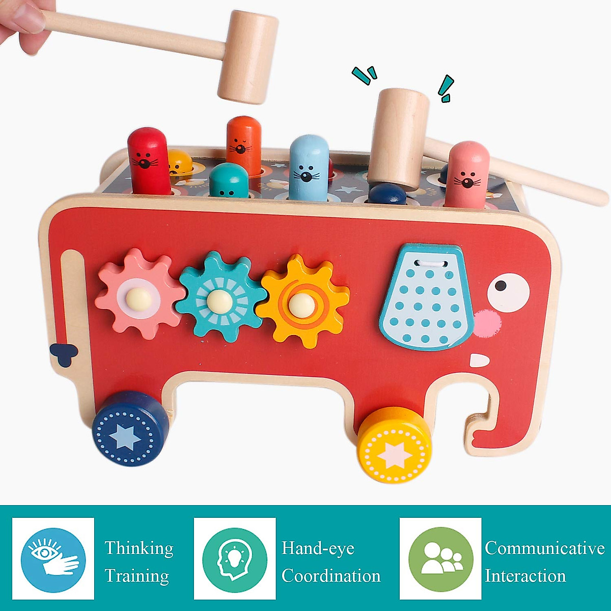 SHIERDU Whack a Mole Game for Toddlers, Wooden Educational Toy for Hammering, Pounding, Hitting and Pull Along, Xylophone, Elephant, Gopher, Mouse and Hamster, Gift for 3+ Years Boys and Girls (Dds-1)